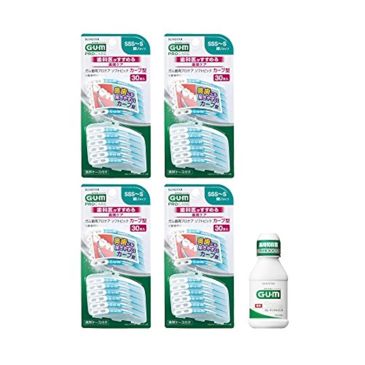 Gum껌 치주프로 케어 소프트 픽 커브형 30p 치간브러시 고무 타입 사이즈sss~s 4 개팩덤 포함 재팬스토어 일본약 의약품 전문 직구 쇼핑몰